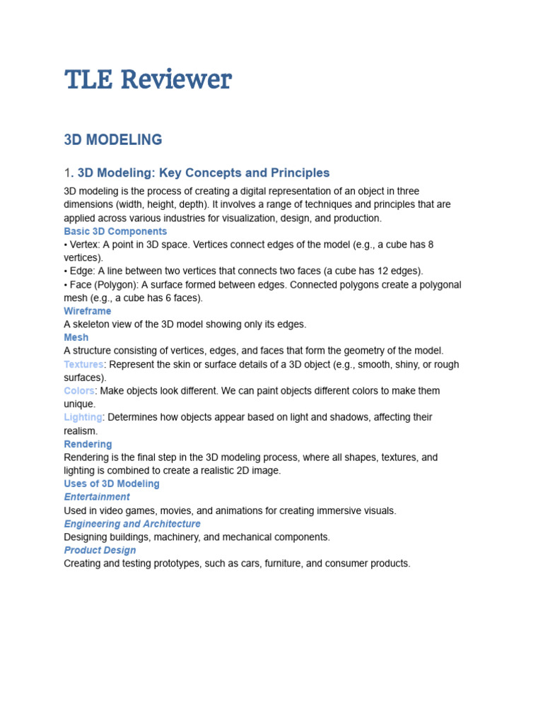 TLE Reviewer | PDF | 3 D Modeling | Rendering (Computer Graphics)