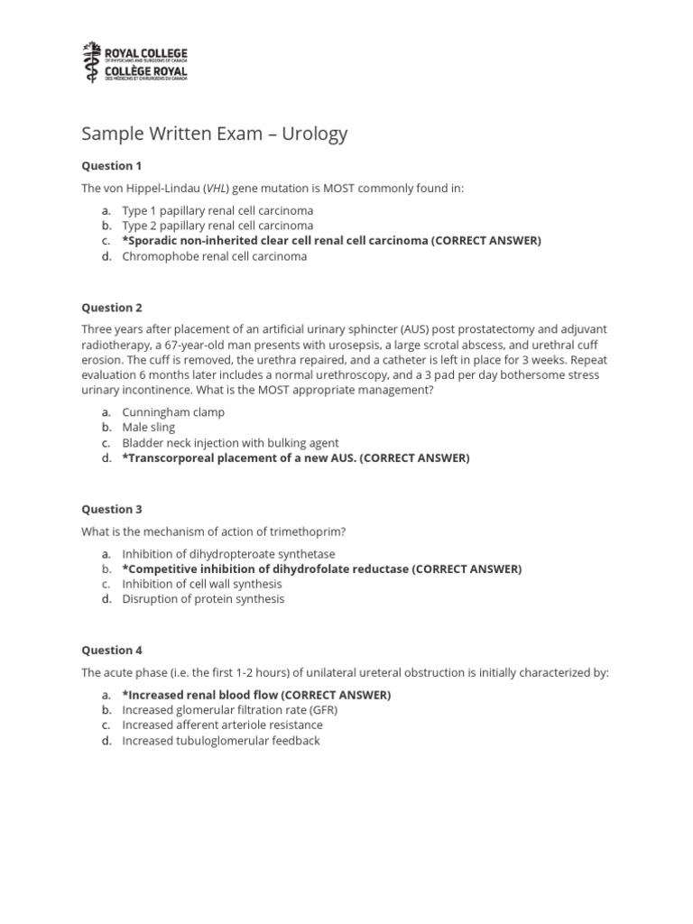 Urology Exam Sample Questions and Answers | PDF