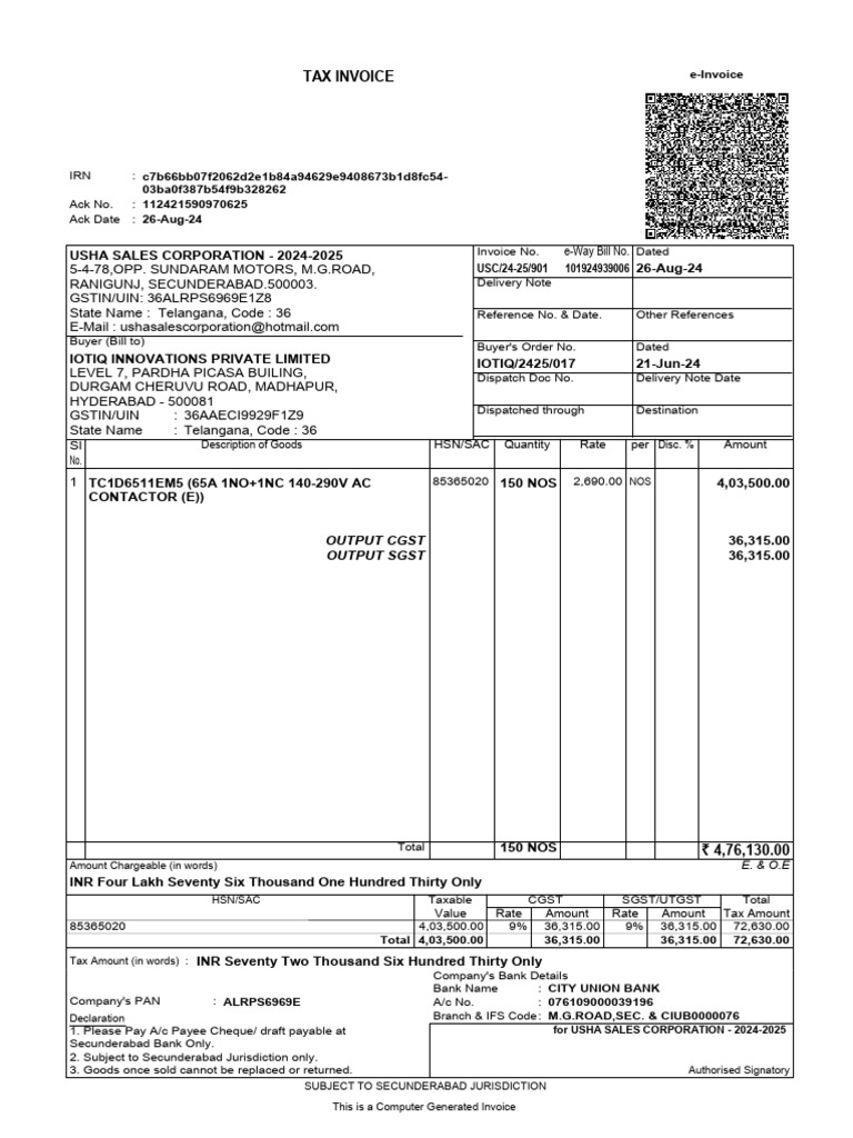 Usha Sales Corporation Tax Invoice 2024 | PDF | Taxes | Government Finances