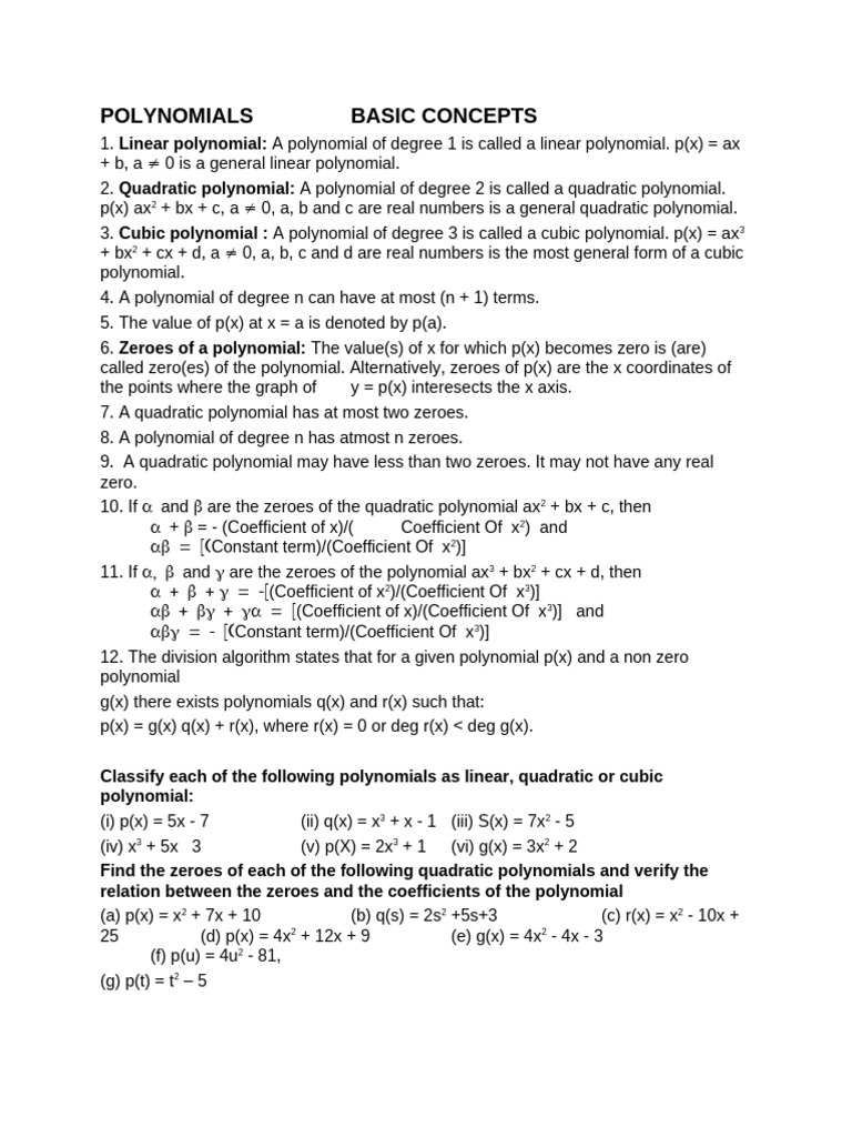 10 math 2 POLYNOMIALS | PDF | Polynomial | Quadratic Equation