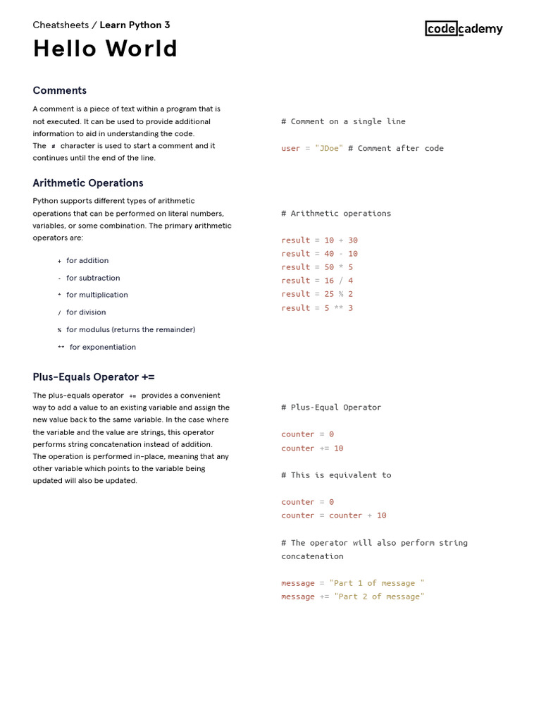 Learn Python 3_ Hello World Cheatsheet _ Codecademy | PDF | Parameter (Computer Programming ...