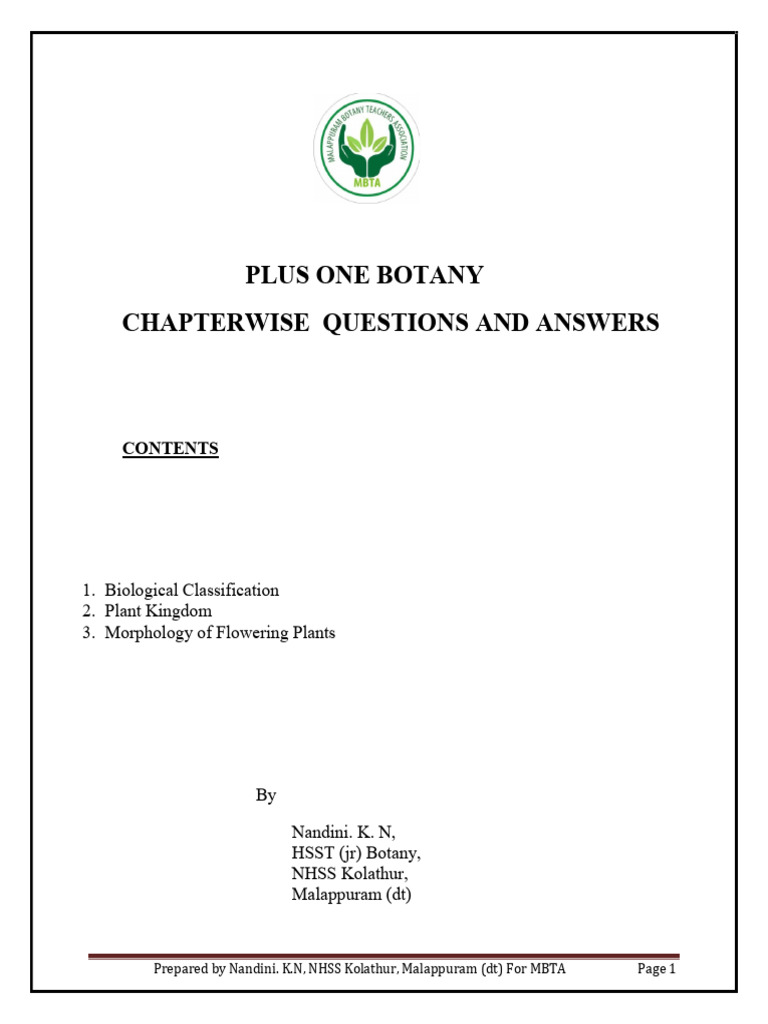 Chapterwise Question Answers 2025. Plus One Botany. First Three ...