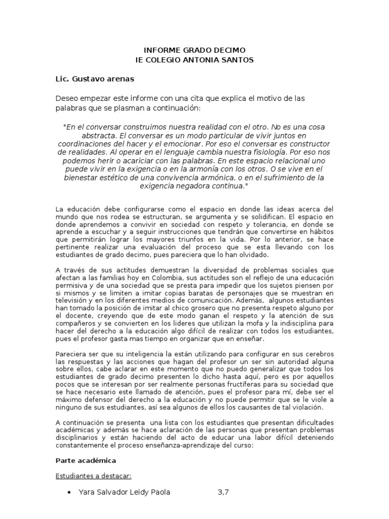 INFORME GRADO Decimo | PDF | Comunicación | Conceptos psicologicos