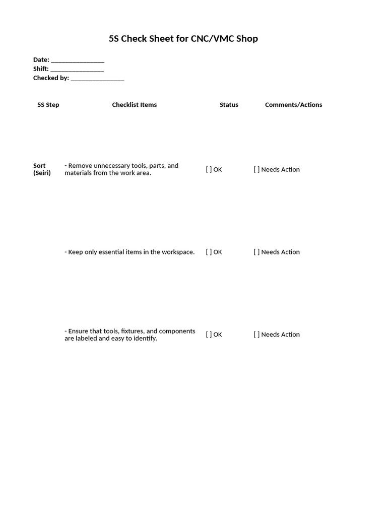5S Checklist for CNC/VMC Shops | PDF