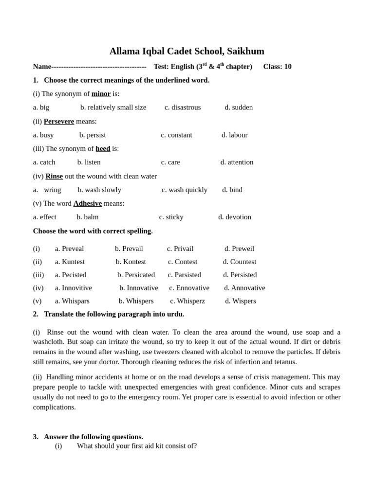 Class 10 English Test: Chapters 3 & 4 | PDF | Medical Specialties