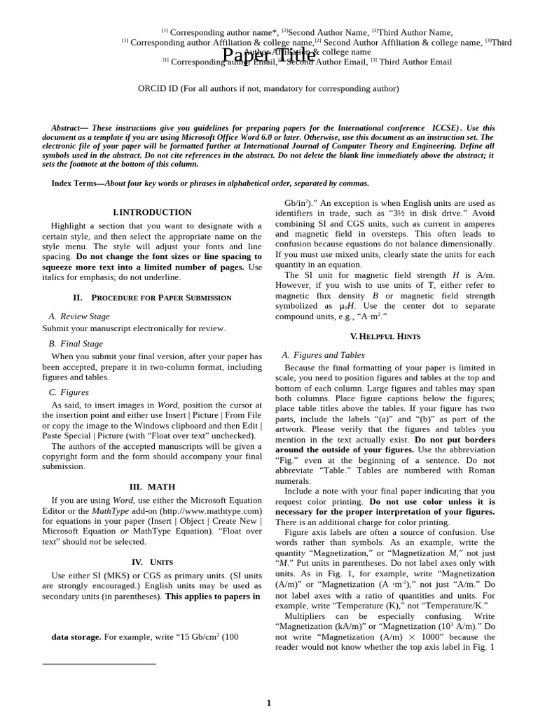 Full Paper Template | PDF | Note (Typography) | Bracket