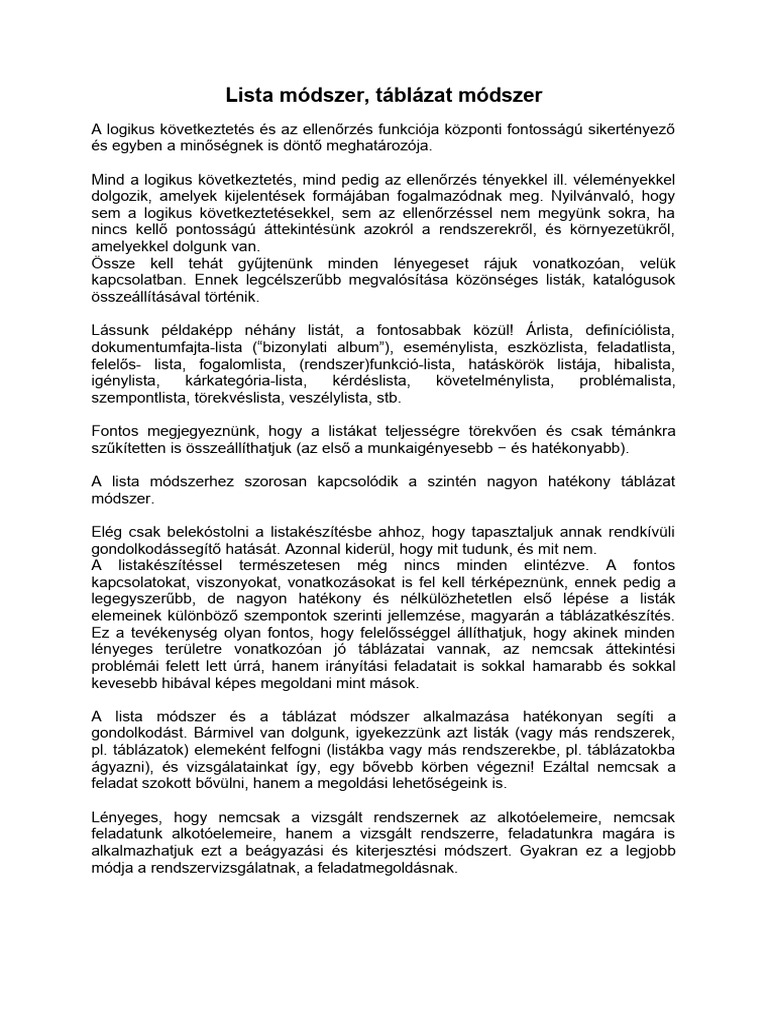 Lista Módszer, Táblázat Módszer | PDF
