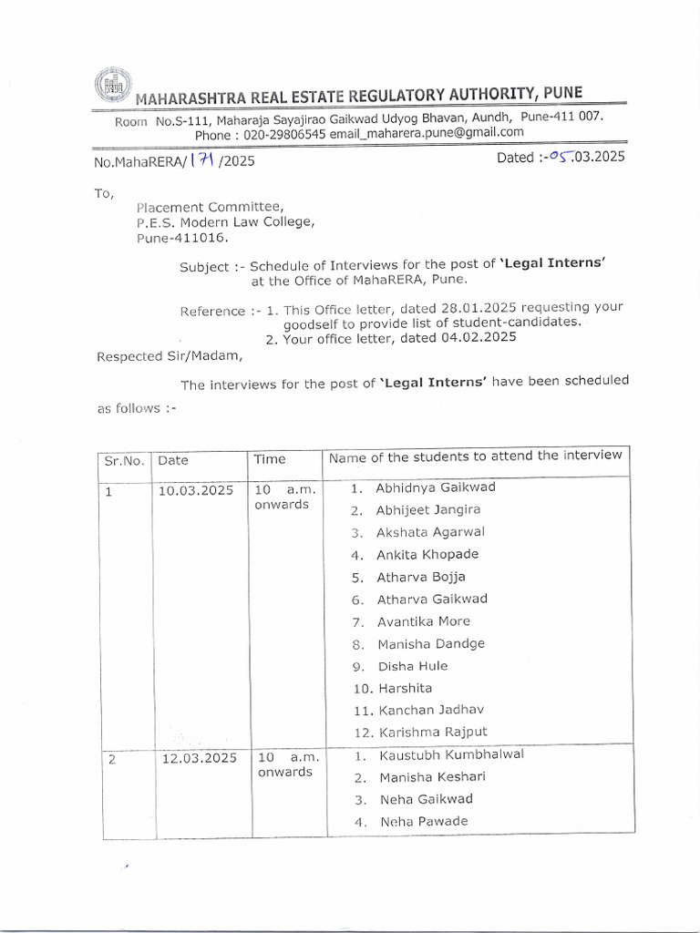Letter To Modern Law College - 2 Interview RERA | PDF