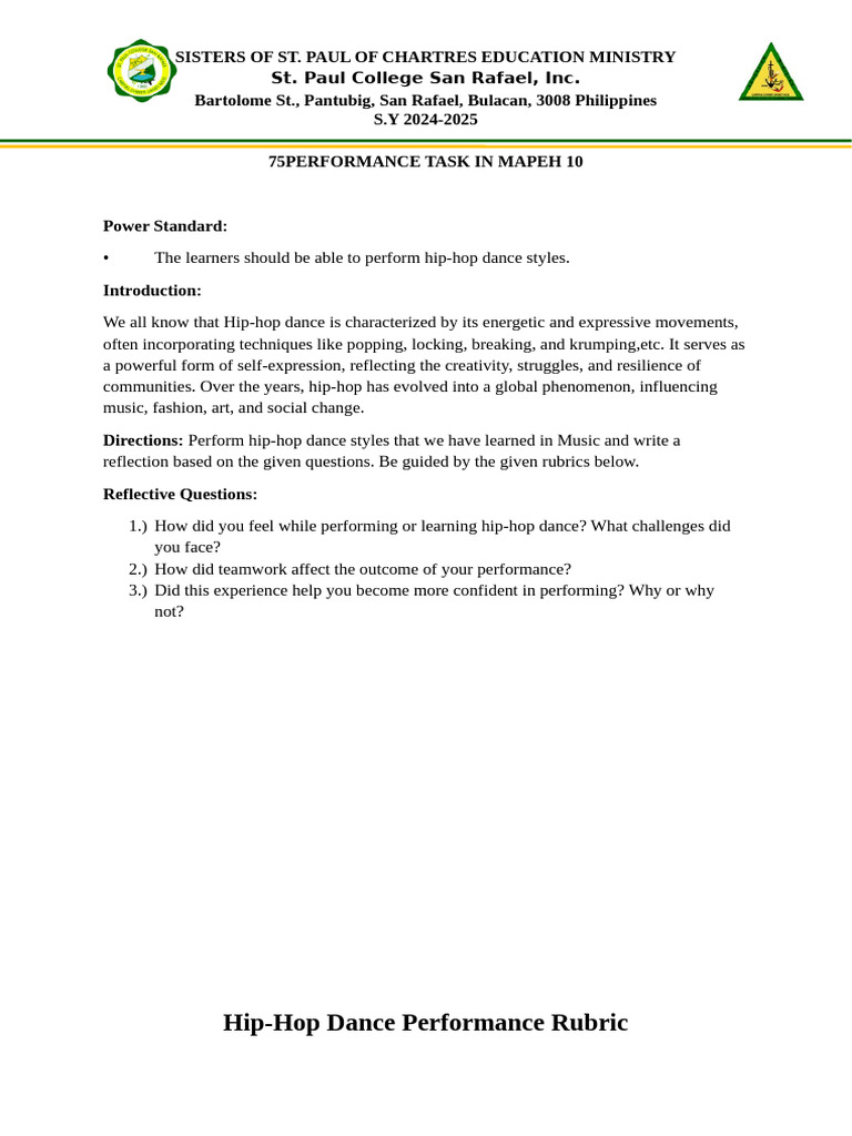 Performance Task in Mapeh 10 | PDF | Synchronization | Hip Hop Music