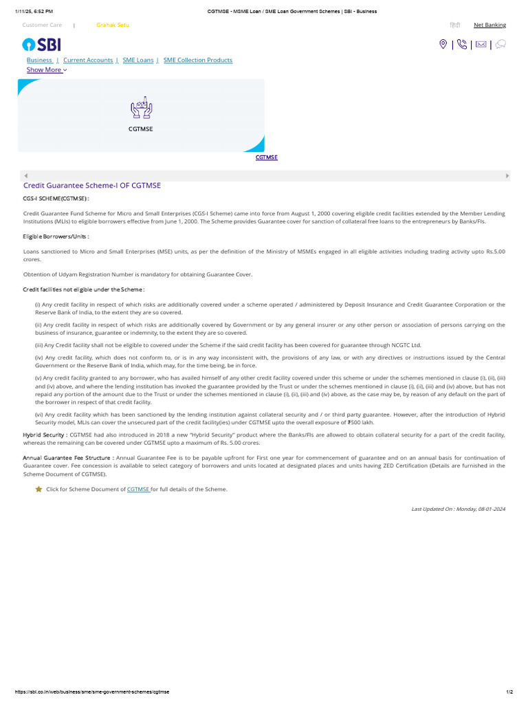 CGTMSE - MSME Loan - SME Loan Government Schemes - SBI - Business | PDF | Line Of Credit | Credit