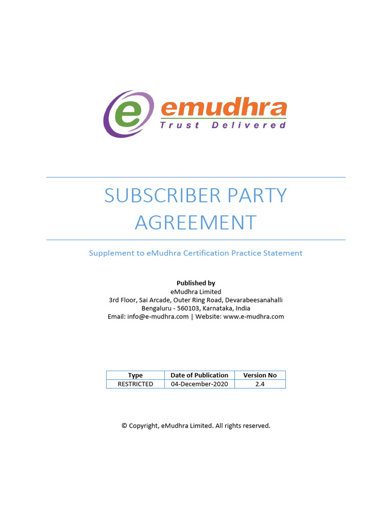eMudhra-SubscriberAgreement | PDF | Legal Liability | Damages