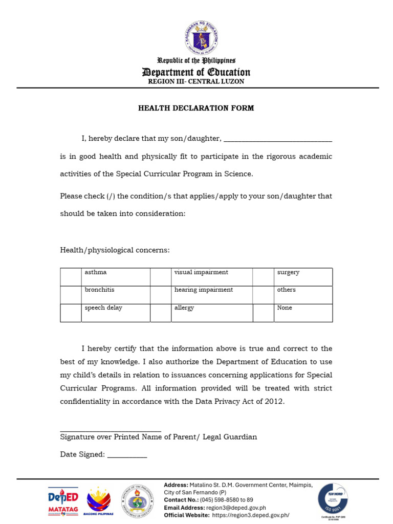 Health Declaration Form for Students | PDF