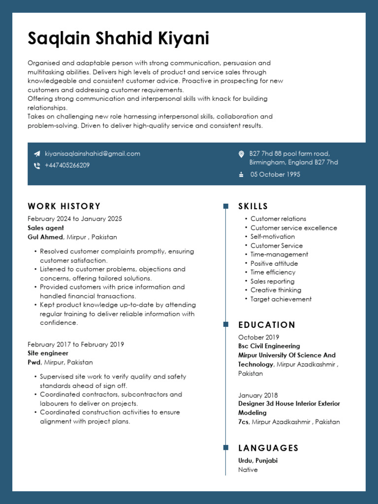 Saqlain Shahid - Kiyani - CV | PDF | Business | Cognition
