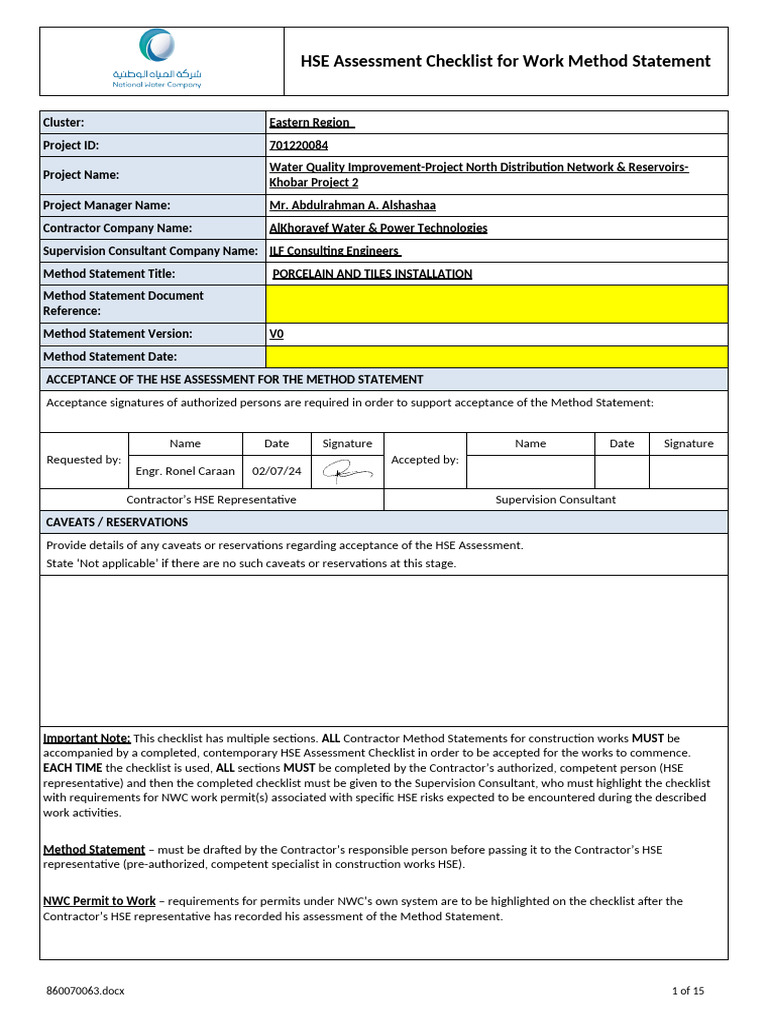HSE Assessment Checklist for Work Method Statement_Porcelain and Tile ...