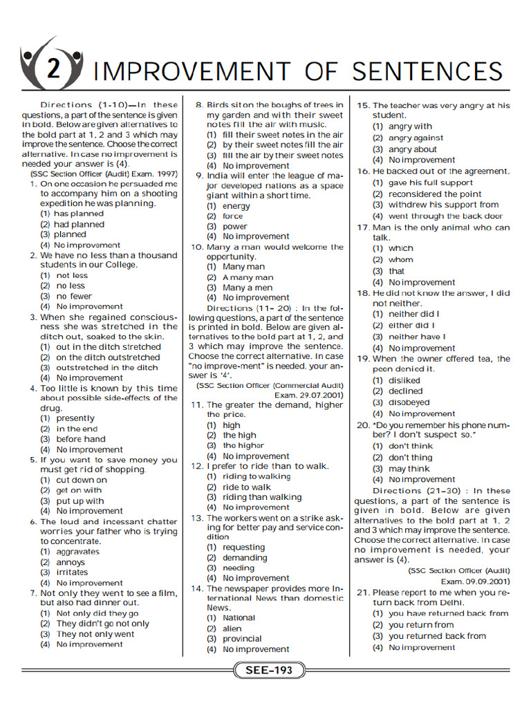 Sentence Improvement - Kiran - SSC | PDF