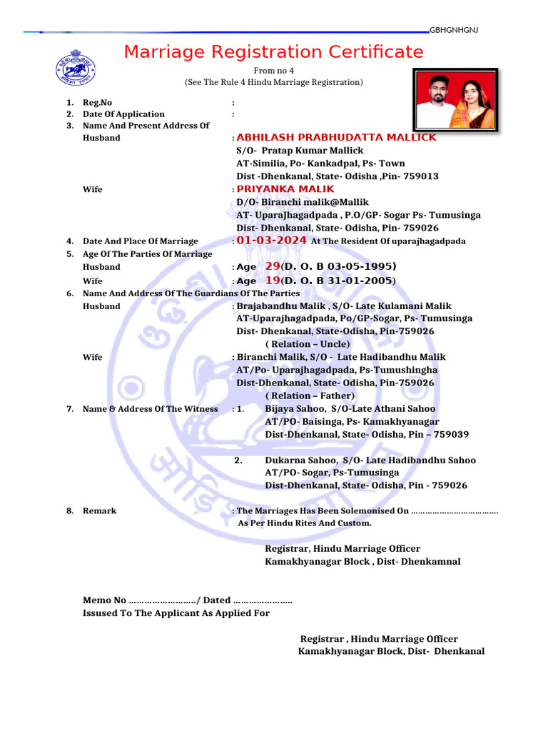 Marriage Registration Certificate | PDF