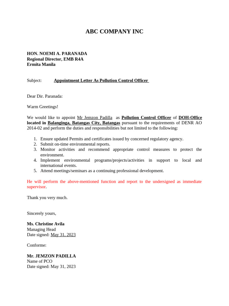 2.1 Appointment Letter As PCO | PDF