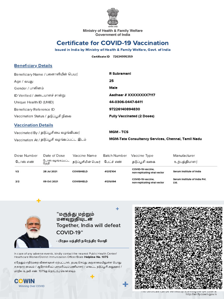 COVID-19 Vaccination Certificate India | PDF | Immunology | Pediatrics