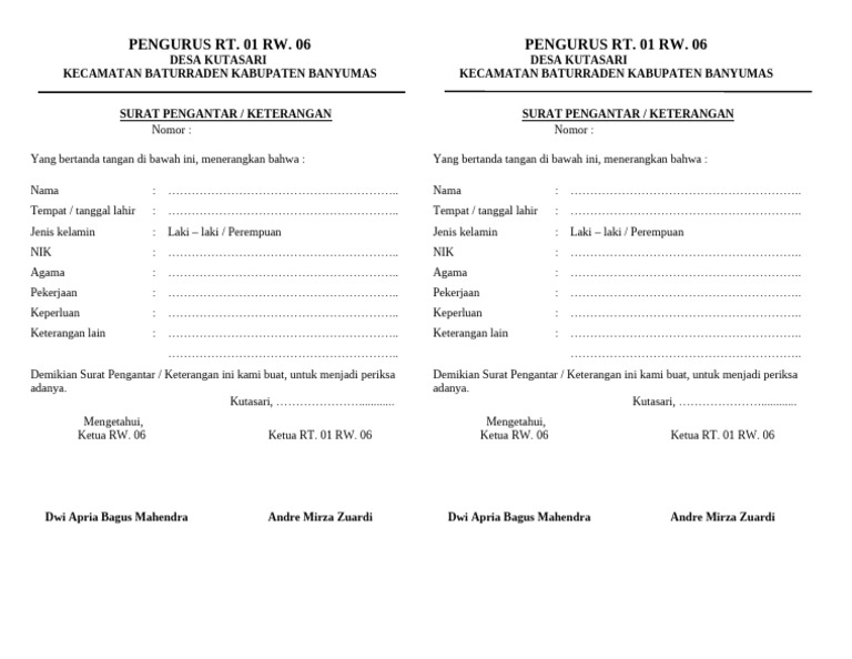 MASTER - SURAT PENGANTAR KETERANGAN RT 01 - BARU 2022 (Hendra) | PDF