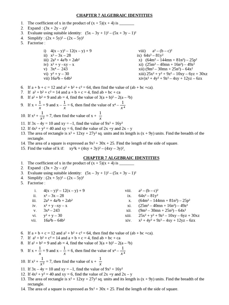 Chapter 7 Algebraic Identities | PDF | Factorization | Mathematics