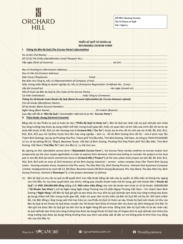 Cá Nhân - Orchard Hill - Refundable Escrow Form - PDPA .V3 | PDF