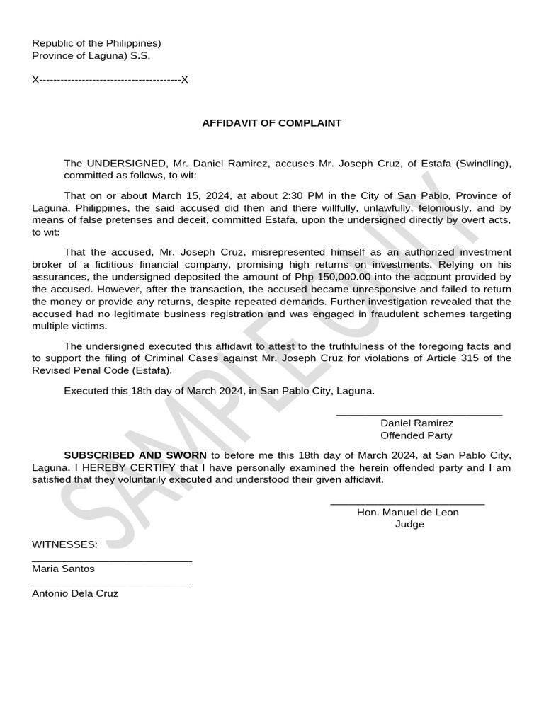 Affidavit of Complaint | PDF | Fraud | Crime & Violence