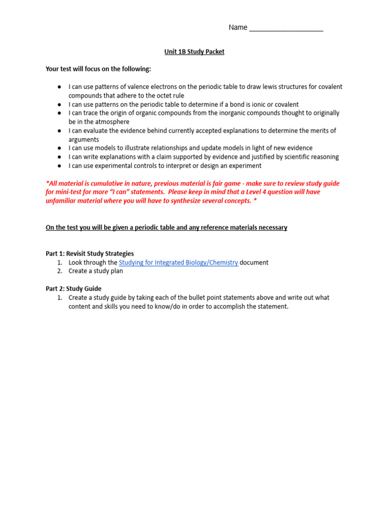 Unit 1B Study Packet Blum | PDF | Physical Sciences | Chemistry