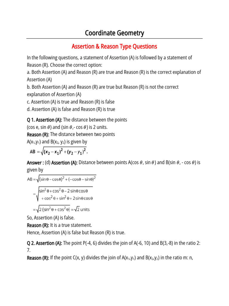 Coordinate Geometry ASSERTION CL 10 | PDF | Triangle | Ratio