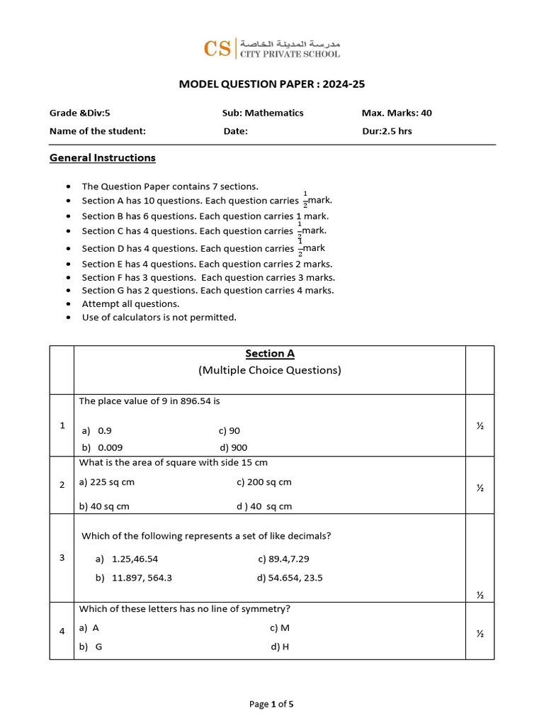 GRADE 5 Annual Exam MODEL Question Paper Updated | PDF | Area | Length