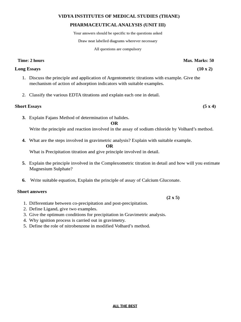 Pharmaceutical Analysis Exam Guide | PDF