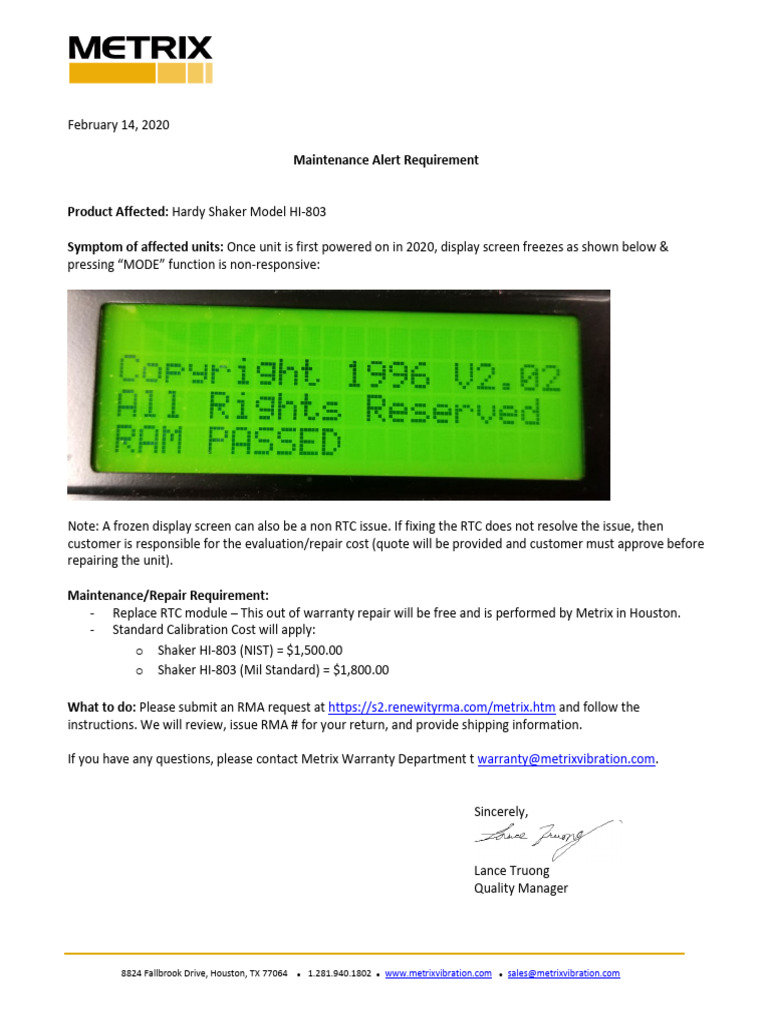 Hardy Shaker Hi 803 2020 Maintenance Requirement | PDF