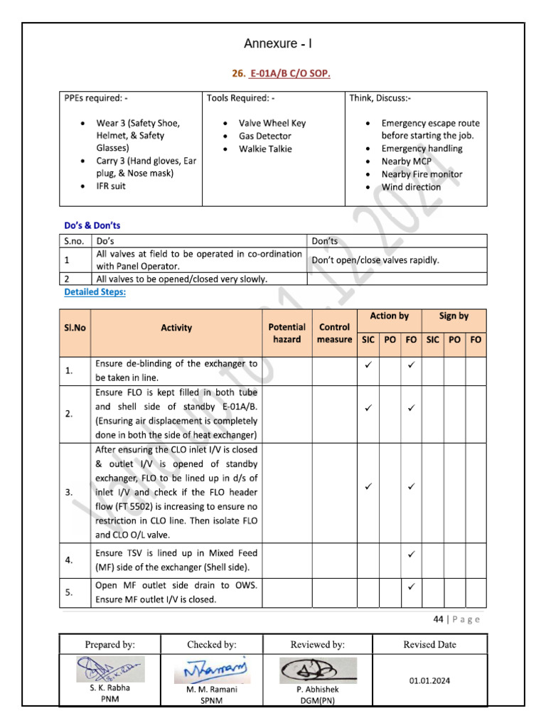 ANNEXURE - I SOP Exchanger Change Over | PDF