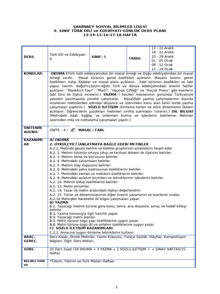 Gunluk Plan 78 Turk Dili Ve Edebiyati Yeni Meb Plani 18 40583 | PDF
