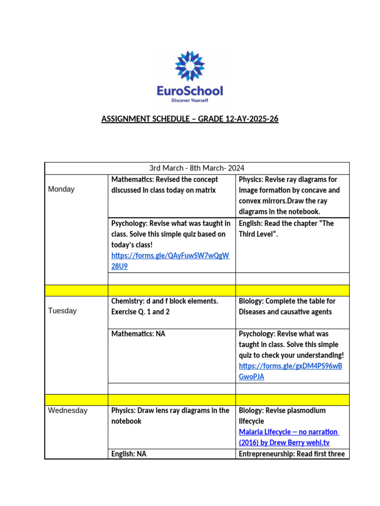 12b-2025-2026 Daily Assignments Schedule – Grade 12 | PDF | Linear Algebra | Algebra