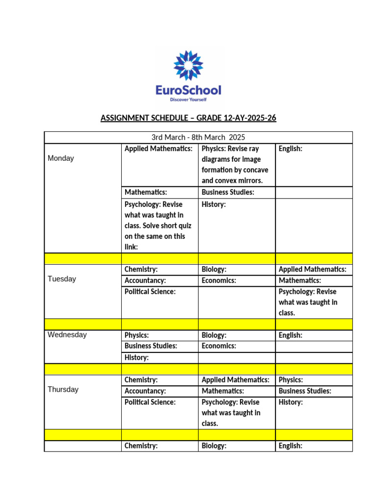 Grade 12 Assignment Schedule AY 2025-26 | PDF