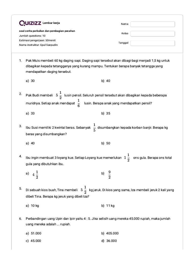 Soal Cerita Perkalian dan Pembagian Pecahan | PDF