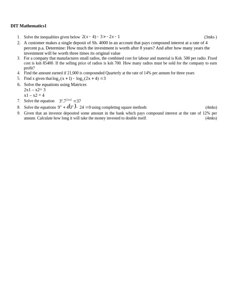 DIT Mathematics Problem Set | PDF