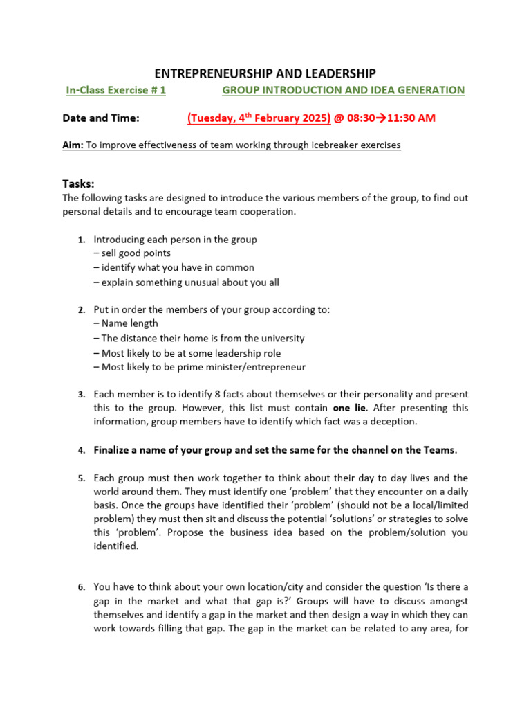 In Class Exercise # 1 - Group Introduction and Idea Generation | PDF | Entrepreneurship