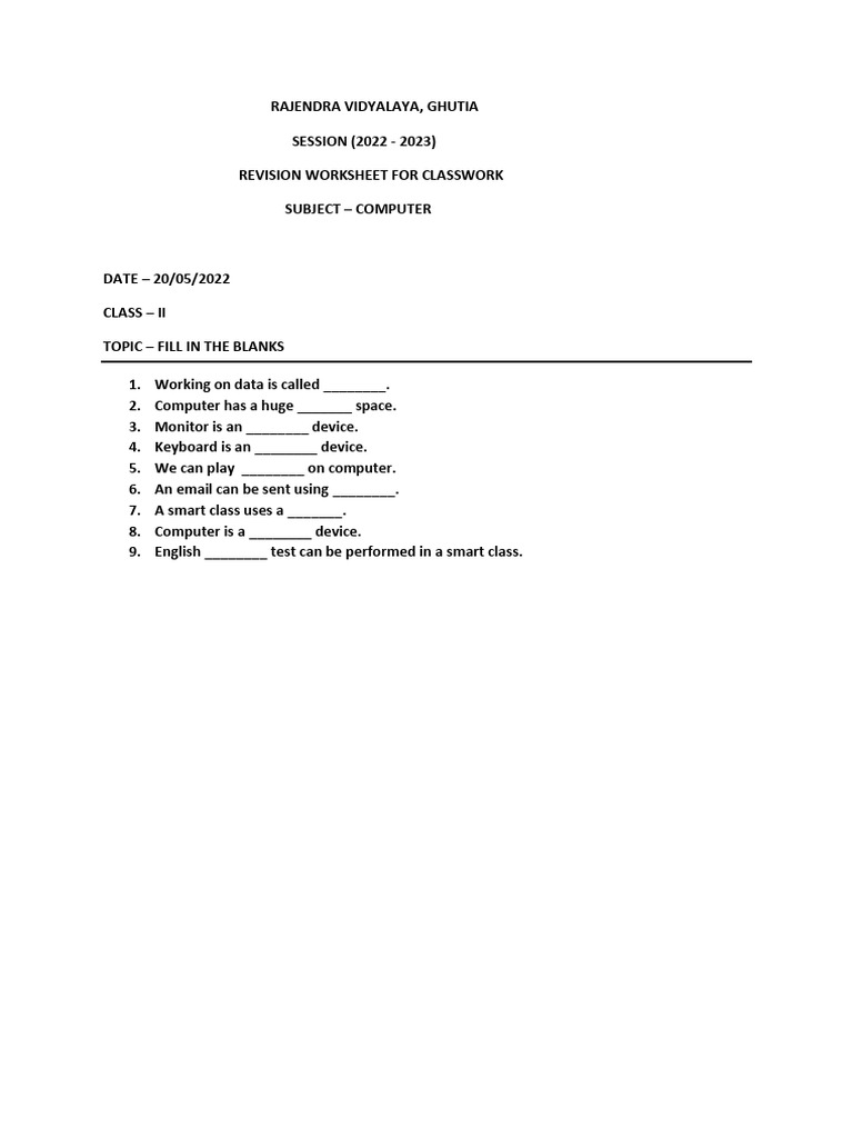 Class II Computer Fill-in-the-Blanks Worksheet | PDF