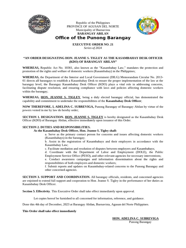 EO-20-BNS appointment | PDF | Domestic Worker | Government