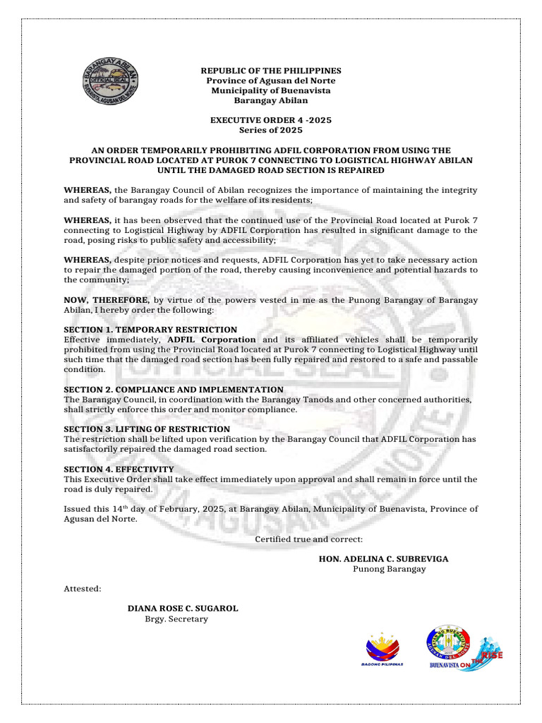 Executive Order 4 Adfil Prohibitions | PDF