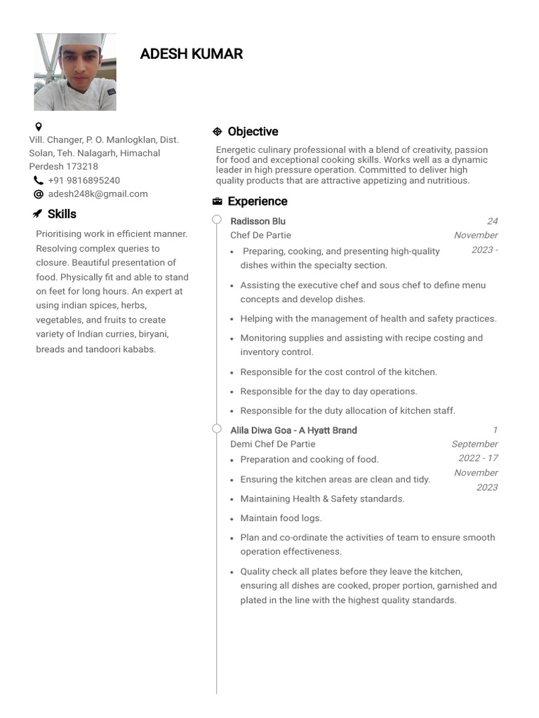 Adesh Kumar For Indian CDP | PDF | Chef | Menu