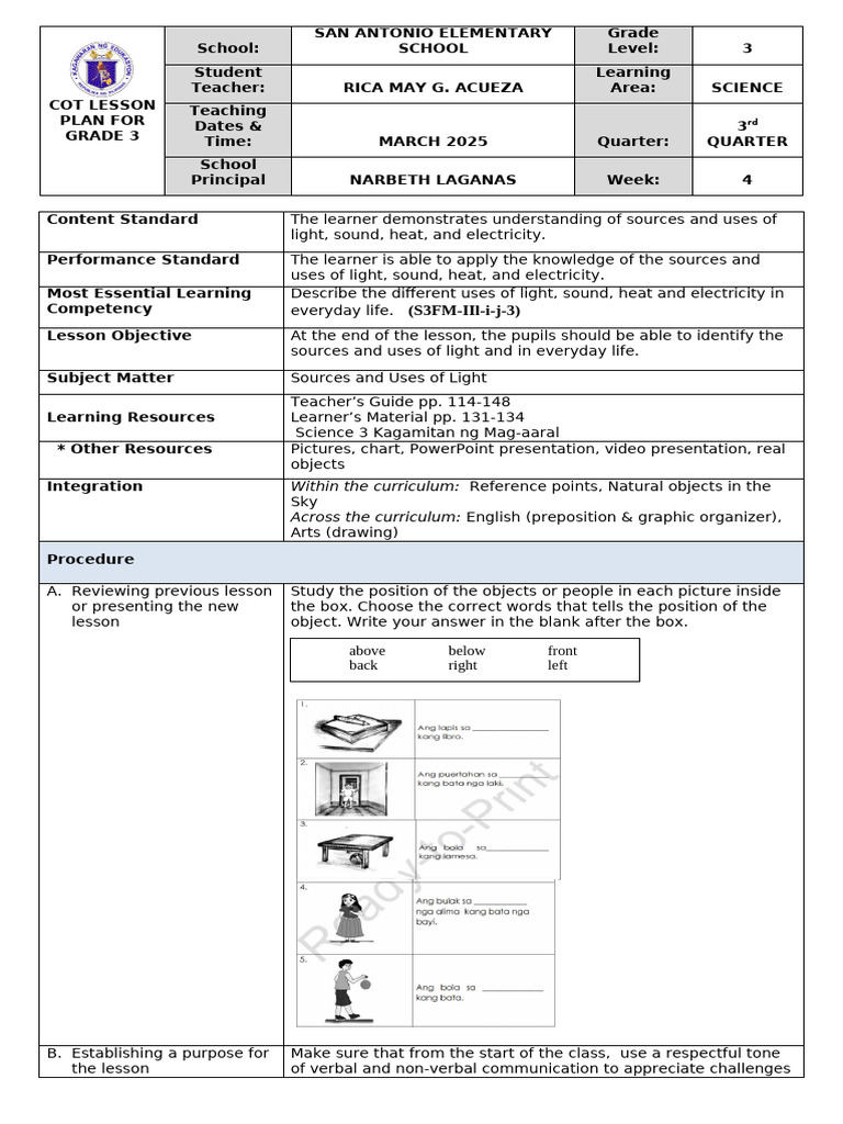 Grade 3 Science Lesson on Light Sources | PDF | Learning | Curriculum