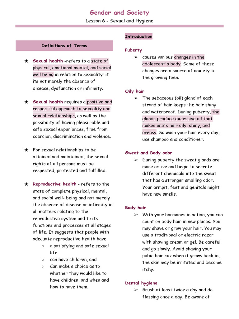 Week 4 - Sexual Health and Hygiene | PDF | Adolescence | Human Sexuality