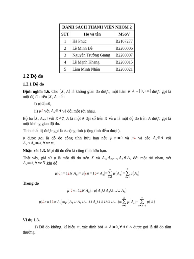 Danh Sách Thành Viên Nhóm 2 STT Họ và tên Mssv: μ A→, ∞ X, A μ μ A A X, A, μ X≠, A σ X μ A σ μ μ ...