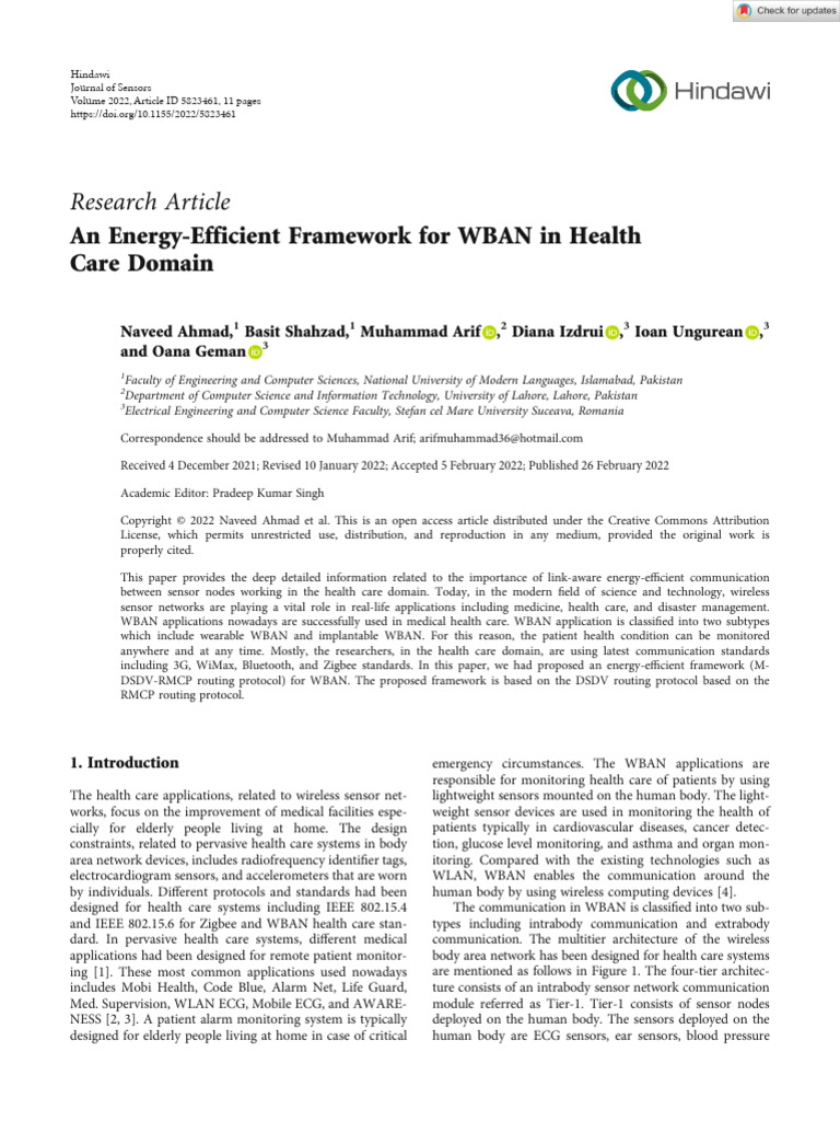 Energy Efficient Framework For WBAN in Health Care | PDF | Wireless Sensor Network | Wireless Ad ...