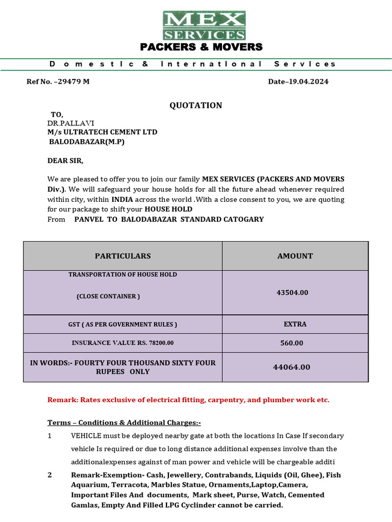 Packers and Movers Quotation for ULTRATECH | PDF