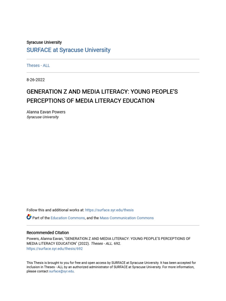 Generation Z and Media Literacy - Young People - S Perceptions of M | PDF | Information Literacy ...