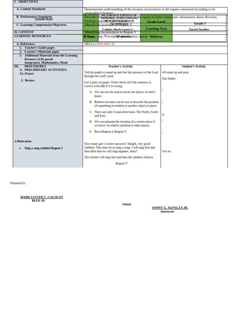 Grade 3 Social Studies Lesson Plan | PDF | Learning | Teachers