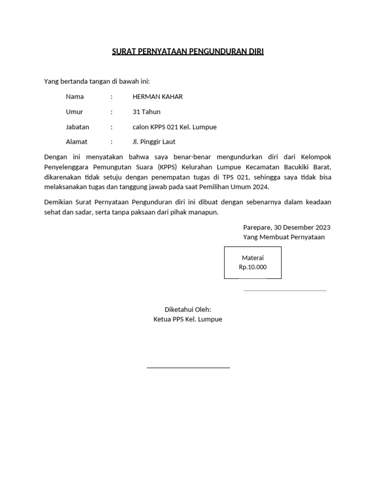 Surat Pernyataan Pengunduran Diri KPPS | PDF
